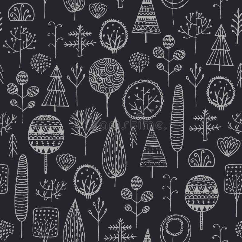 Vector Black and White Seamless Hand Drawn Trees Pattern. Stock Vector ...