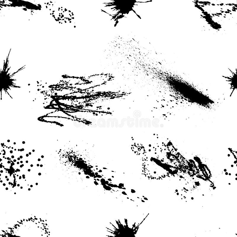 Vector Black and White Seamless Pattern with Ink Splash, Blot and Brush ...