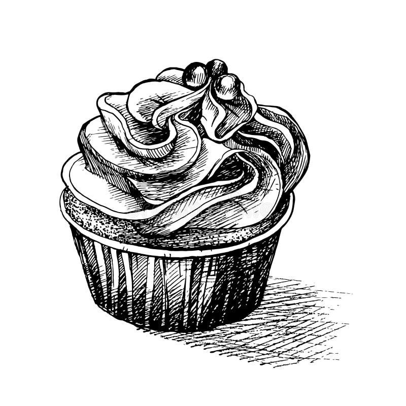 Vector Black And White Sketch Illustration Of Cute Creamy Sweet Cupcake