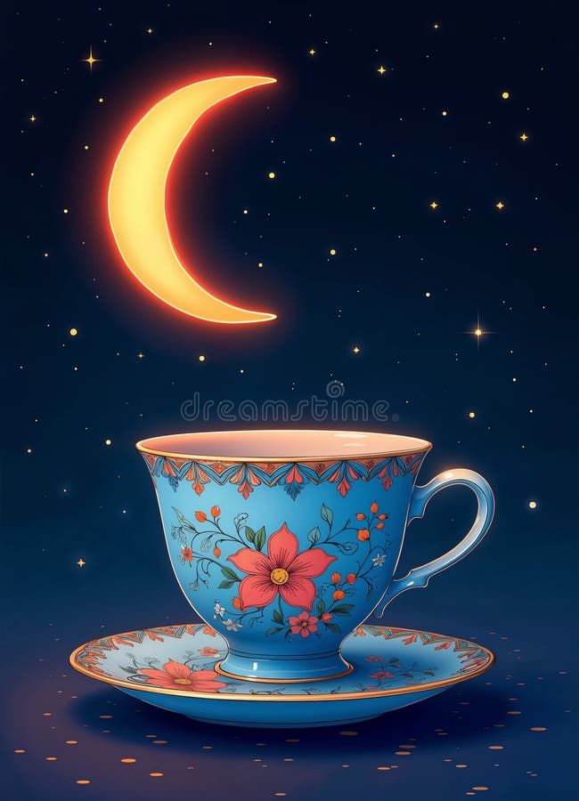 Vector of a Blue Cup and Saucer with a Flower on it and a Crescent Moon ...