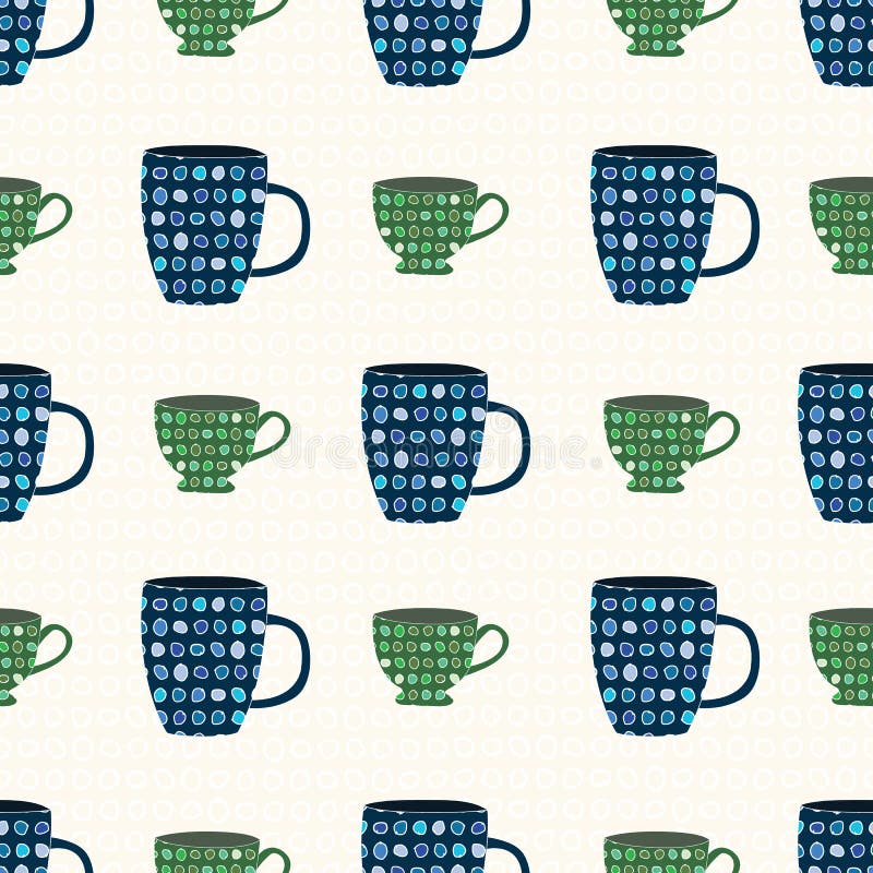 Vector Blue Green Cups Mugs on Cream Seamless Repeat Pattern Stock ...