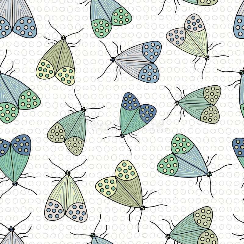 Vector Blue, Green and Yellow Moths on White Background Seamless Repeat ...