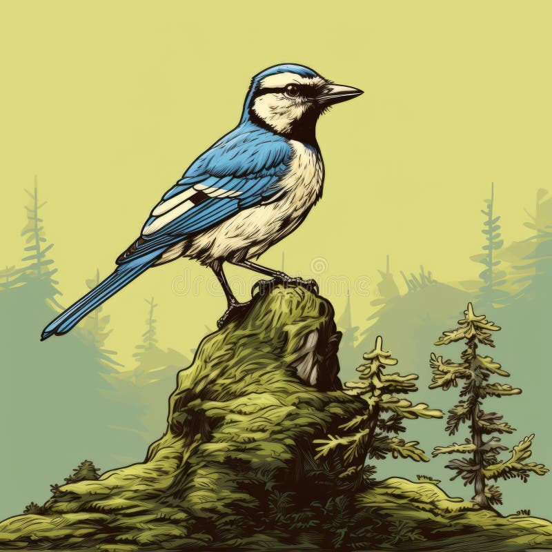 Vector Blue Jay Perched on Moss in Green Forest Stock Illustration ...