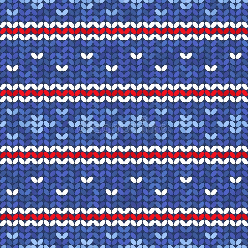 Vector Blue Knitted Seamless Pattern with Red and White Ornament Stock ...