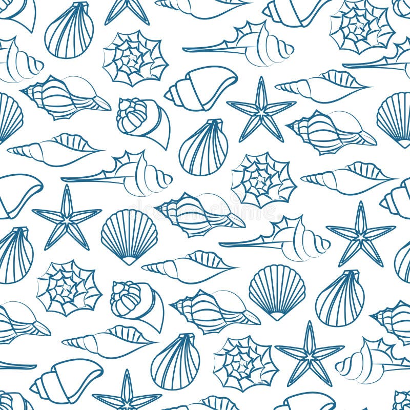 Vector Blue Line Seamless Pattern of Seashells Stock Vector ...