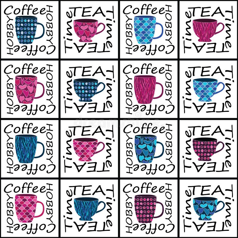 Vector Blue Pink Tea and Coffee Cups Mugs on White Seamless Repeat ...