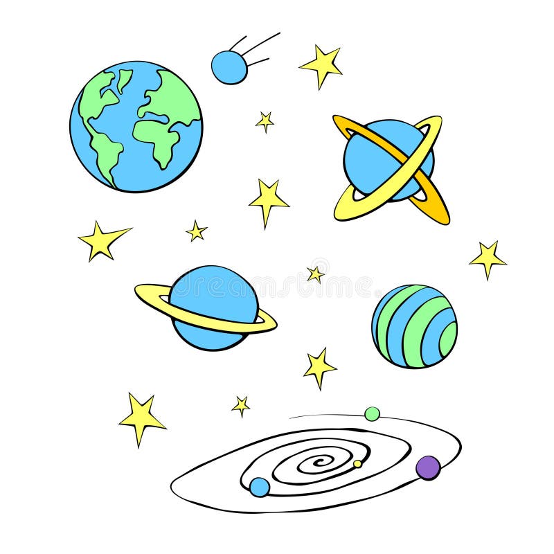 Vector Blue Planets, Space Objects in Doodle Flat Style. Simple Design ...