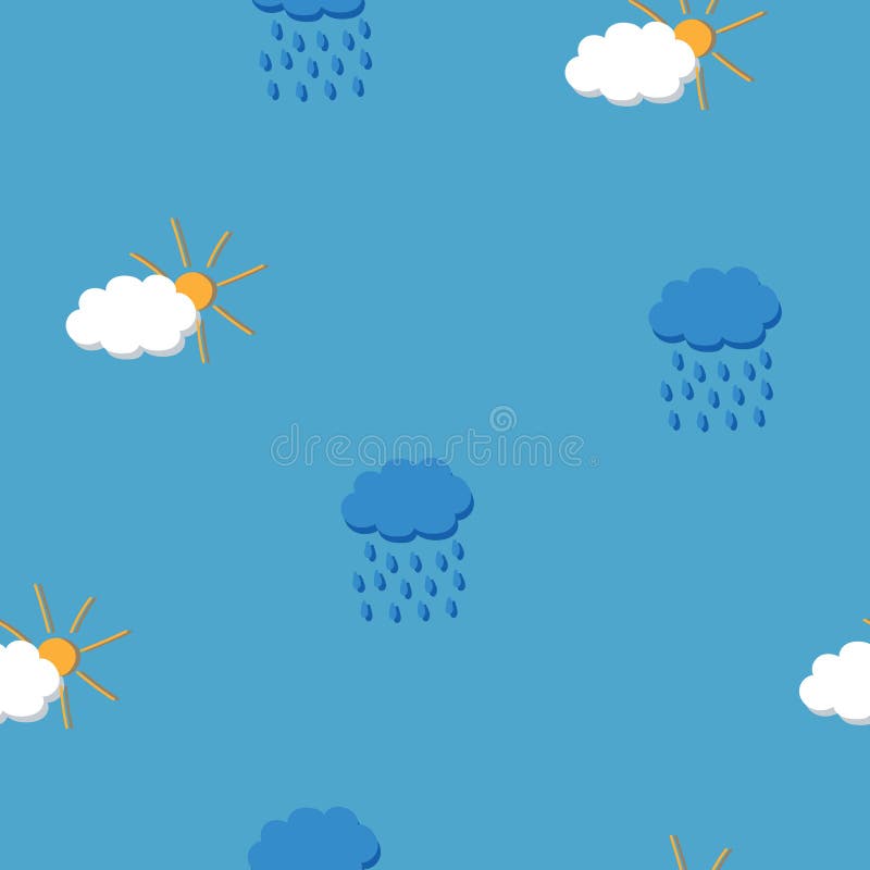 Vector Blue Sky with Clouds, Sun and Rain Pattern Background. Stock ...