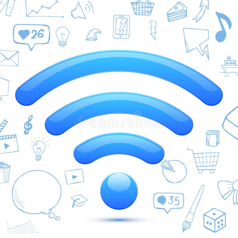 Vector Blue Wi-fi Sign, Abstract Illustration with Set of Hand Drawn ...