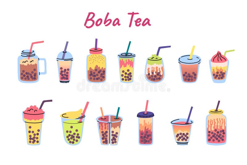 Vector Boba Tea Types Doodle Set. Bubble Tea in Plastic Glasses, Plastic Cups with Caps and ...