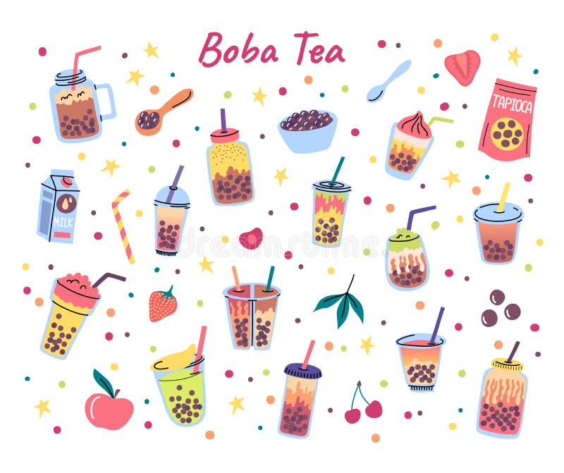 Vector Boba Tea Types Doodle Set. Tapioca Bubble Tea Drinks in Plastic Cups with Straws, Mason ...