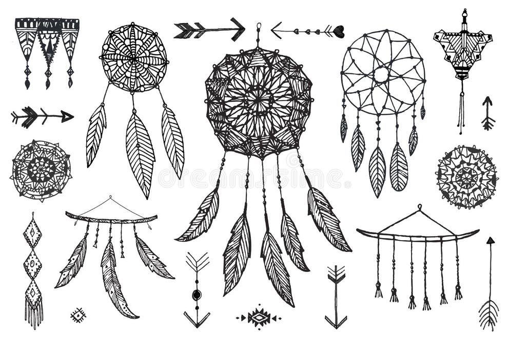 Vector Boho Decor Set, Collection of Hand Drawn Doodle Borders, Dream Catchers, Dividers, Design ...