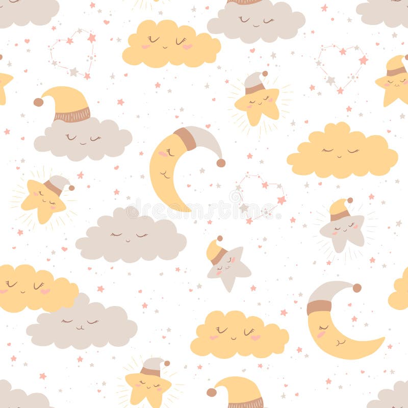 Vector Boho Seamless Pattern with Cute Hand Drawn Cartoon Clouds, Moon ...
