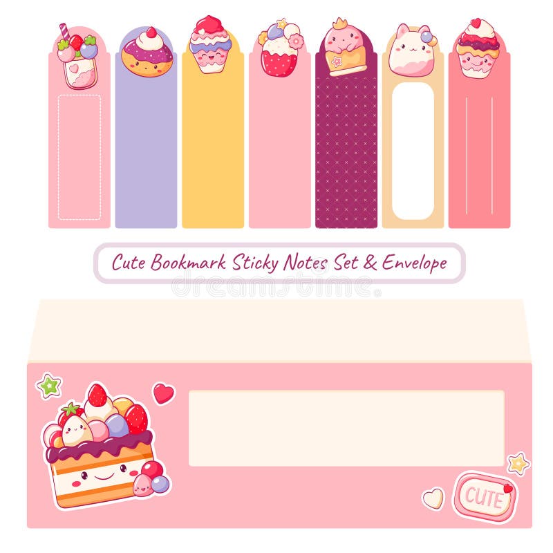 Vector Bookmark Sticky Notes Set and Envelope. Kawaii Adhesive Tags ...