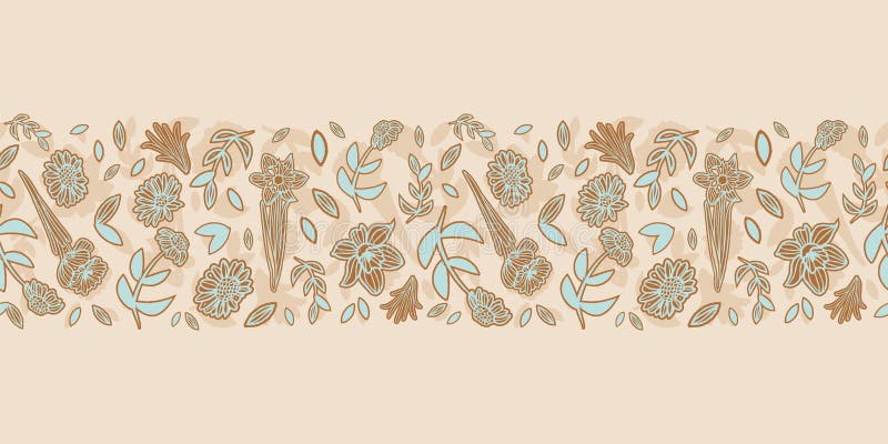 Vector Border Blue Brown Flowers Seamless Pattern Stock Vector ...