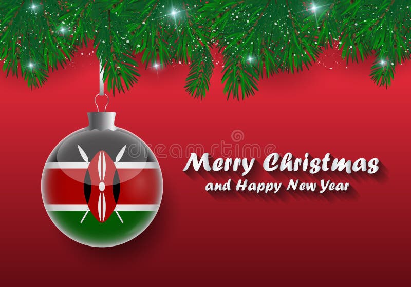 Vector Border of Christmas Tree Branches and Ball with Kenya Fla Stock ...