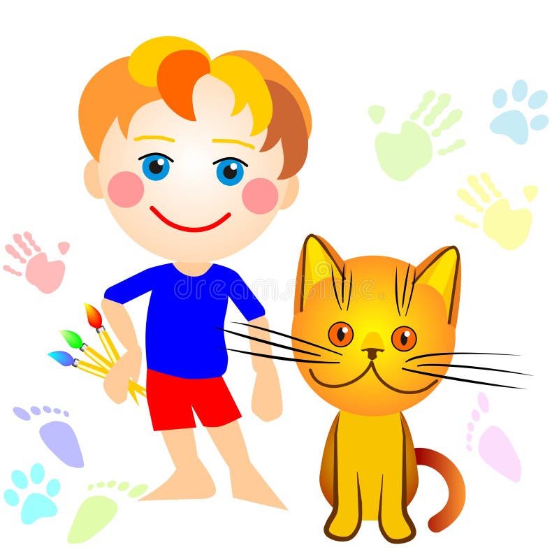 Vector Boy And A Cat Drawing Picture. Image: 17561558
