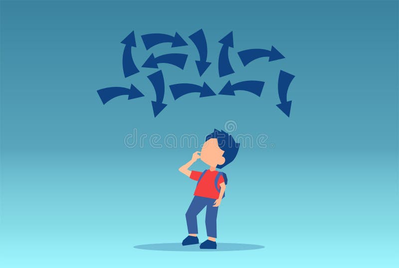 Vector of a Boy Student Looking Up Confused at Multiple Arrows Stock ...