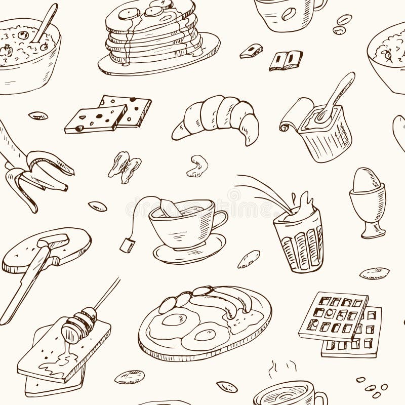 Vector Breakfast and Morning Doodle Seamless Pattern Stock Vector - Illustration of drink ...