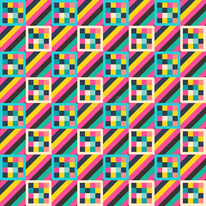 Vector Bright Summer Seamless Pattern Assembled from Squares with Geometric Ornaments. Vector ...