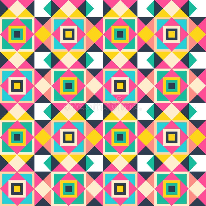 Vector Bright Summer Seamless Pattern Assembled from Squares with Geometric Ornaments. Vector ...