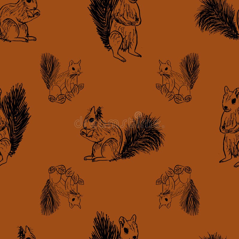 Vector Brown Big Squirrels Ink Seamless Background Pattern Stock Vector ...