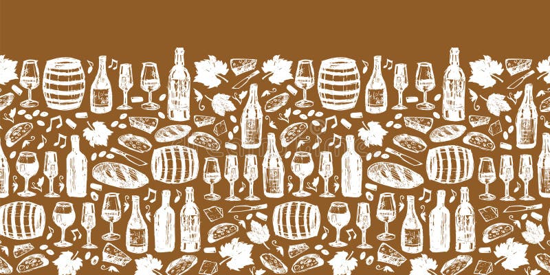 Vector Brown Monochrome Wine Bar Pen Sketch Doodle Horizontal Border ...