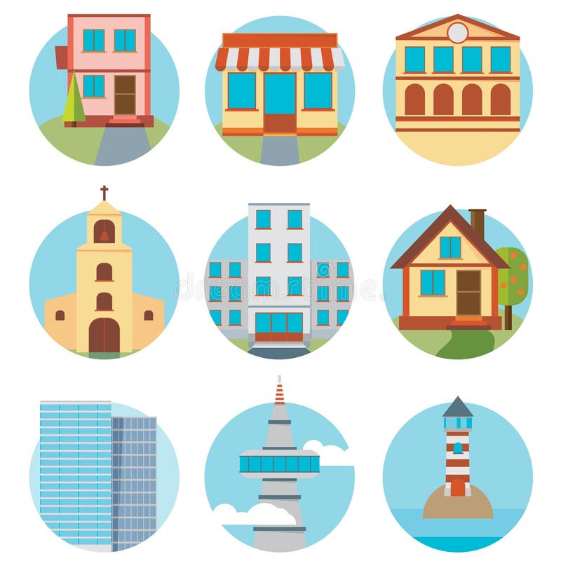 Vector Building Icons - Round Emblems with Illustrations in Flat Stock ...