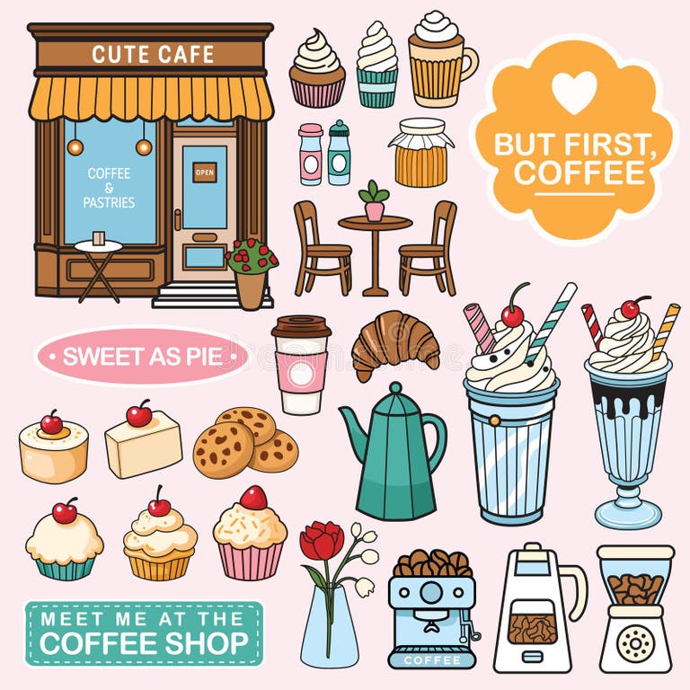 Vector Bundle of Sweet Café-Themed Colorful Drawings Stock Vector - Illustration of bean, sugar ...