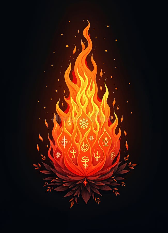 Vector of a Burning Flame with Various Religious Symbols and Swirling ...