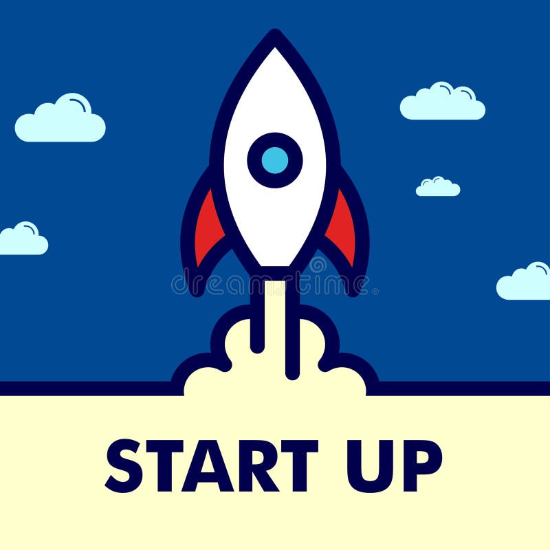 Start Up Flat Icon with Rocket on Blue Background. Vector Illustration ...