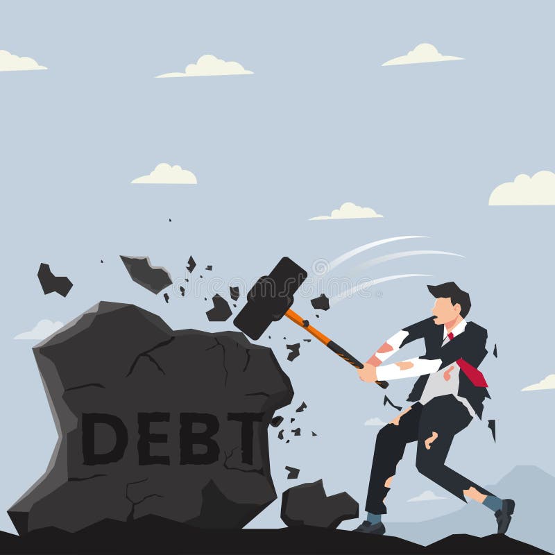 Businessman Breaking Rock of DEBT by Big Hammer. Debt Problems Design ...