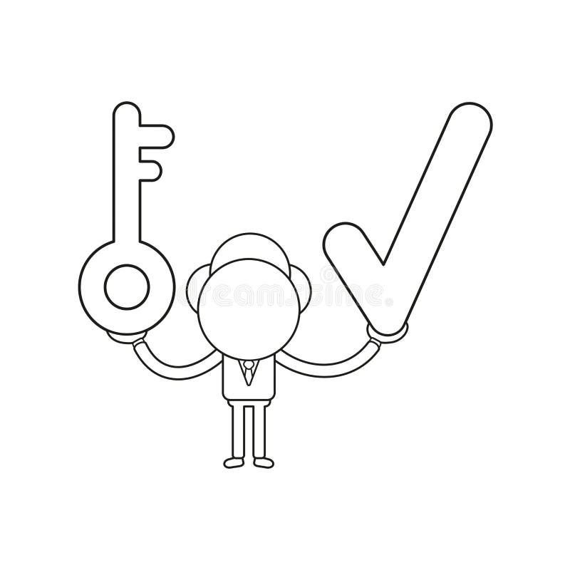 Vector Businessman Character Holding Key and Check Mark. Black Outline ...