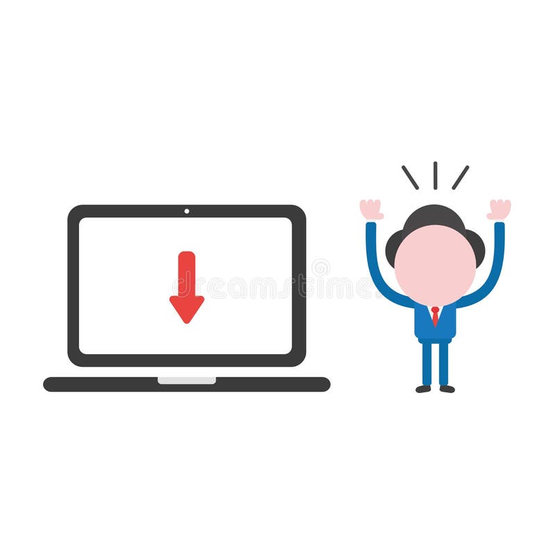 Vector Businessman Character with Laptop Computer and Arrow Moving Down ...