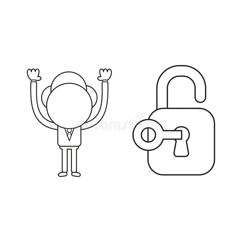 Vector Businessman Character Unlock Padlock with Key. Black Outline ...