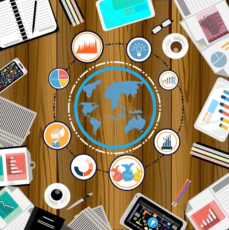 Vector Businessman with Work Space Contact Worldwide by Using Mobile ...