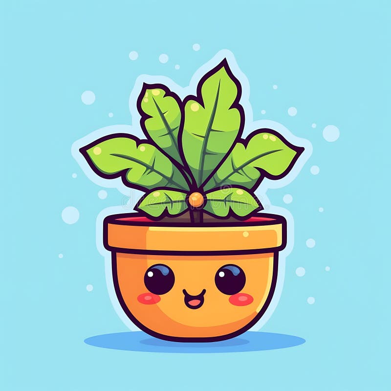 Cute Cartoon Plant in a Smiling Pot on a Blue Background with Vibrant ...