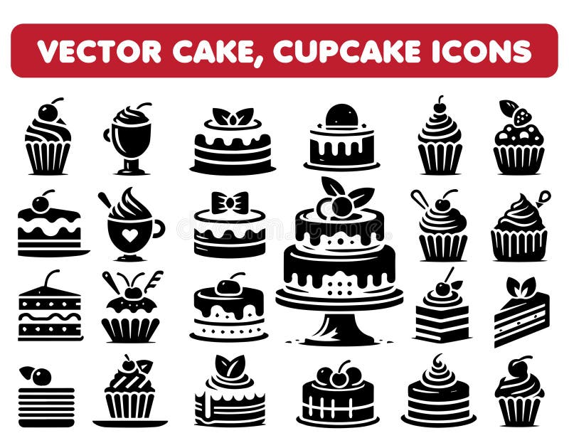 Vector Cake, Cupcake Icons Illustration Black and White Food Symbols ...