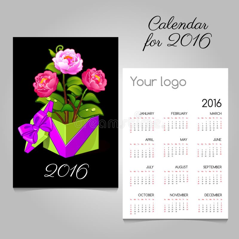 2016 Vector Calendar and Gift Box with Pink Roses Stock Vector ...