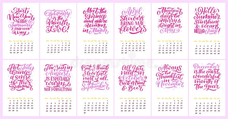Vector Calendar for Months 2 0 1 9. Hand Drawn Lettering Quotes for ...