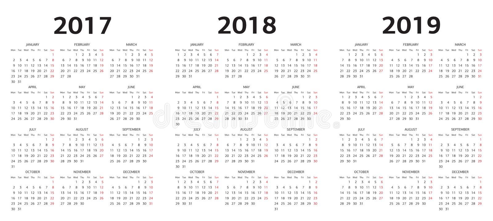 Vector Calendar Templates 2017, 2018, 2019 Stock Vector - Illustration ...