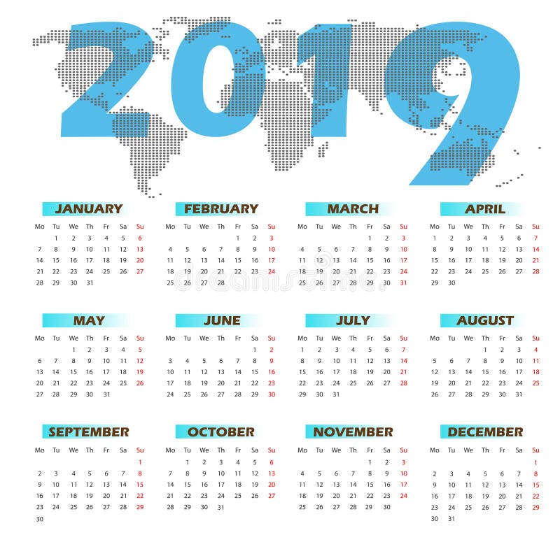 Vector 2019 Calendar Template with World Map Stock Vector ...