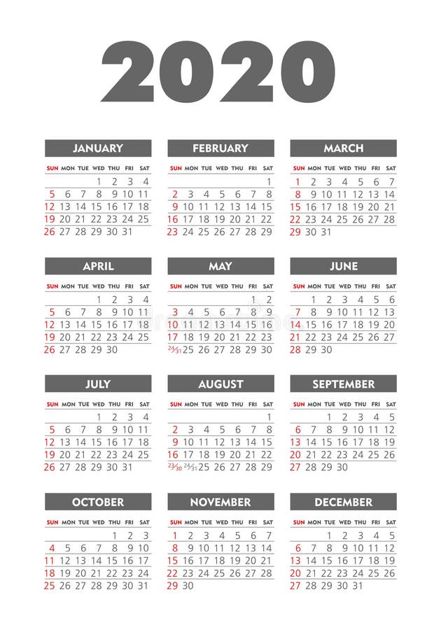 Vector Calendar 2020 Year. Week Starts from Sunday Stock Vector ...