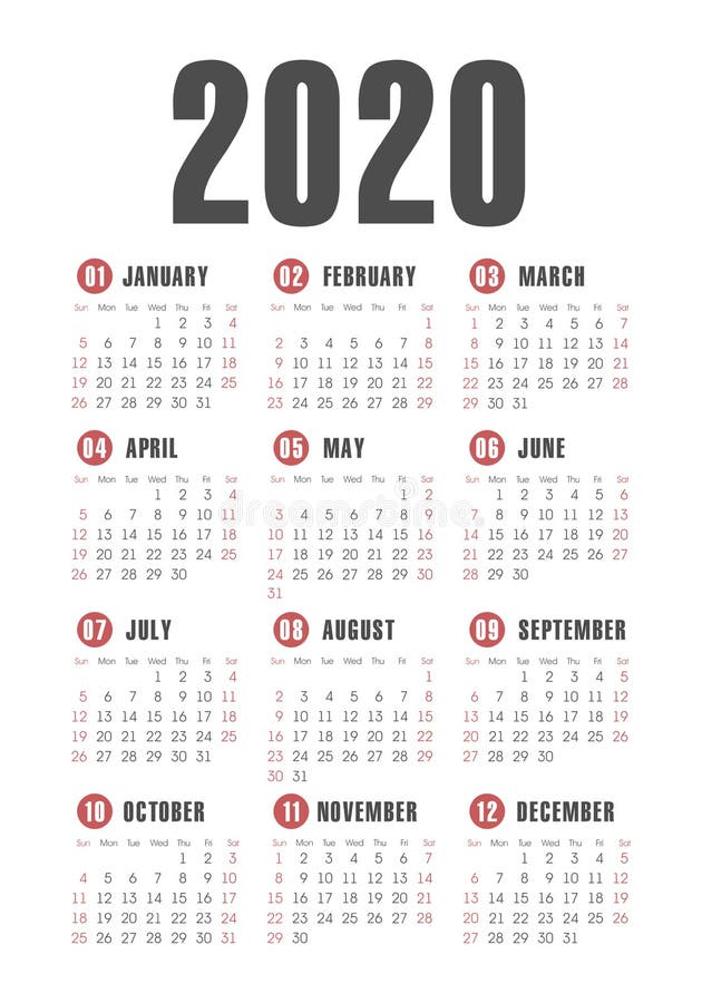 Vector Calendar 2020 Year. Week Starts from Sunday Stock Vector ...