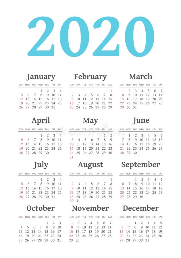 Vector Calendar 2020 Year. Week Starts from Sunday Stock Vector ...