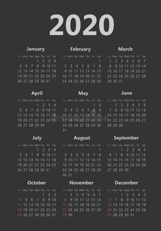 Vector Calendar 2020 Year. Week Starts from Sunday Stock Vector ...