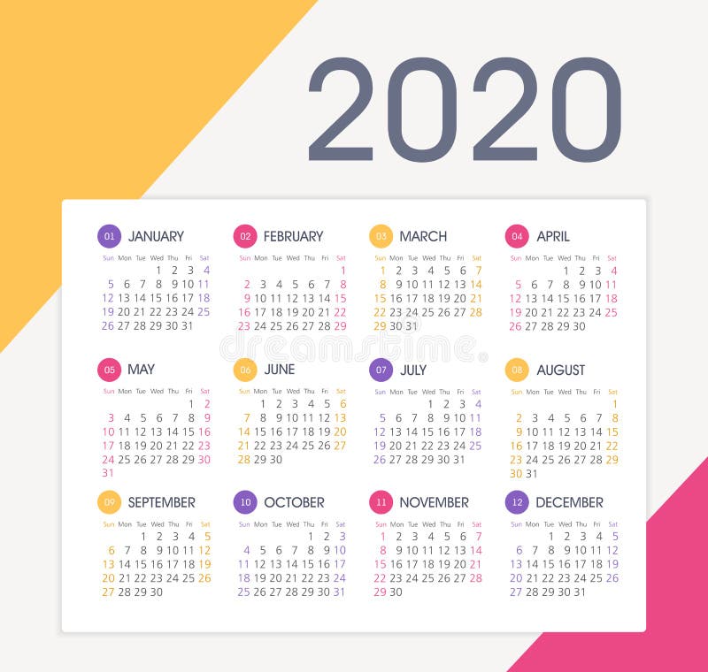 Vector Calendar 2020 Year. Week Starts from Sunday Stock Vector ...