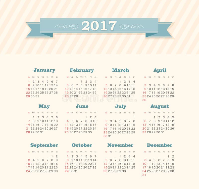 Vector Calendar 2017 Year. Week Starts Sunday Stock Illustration ...