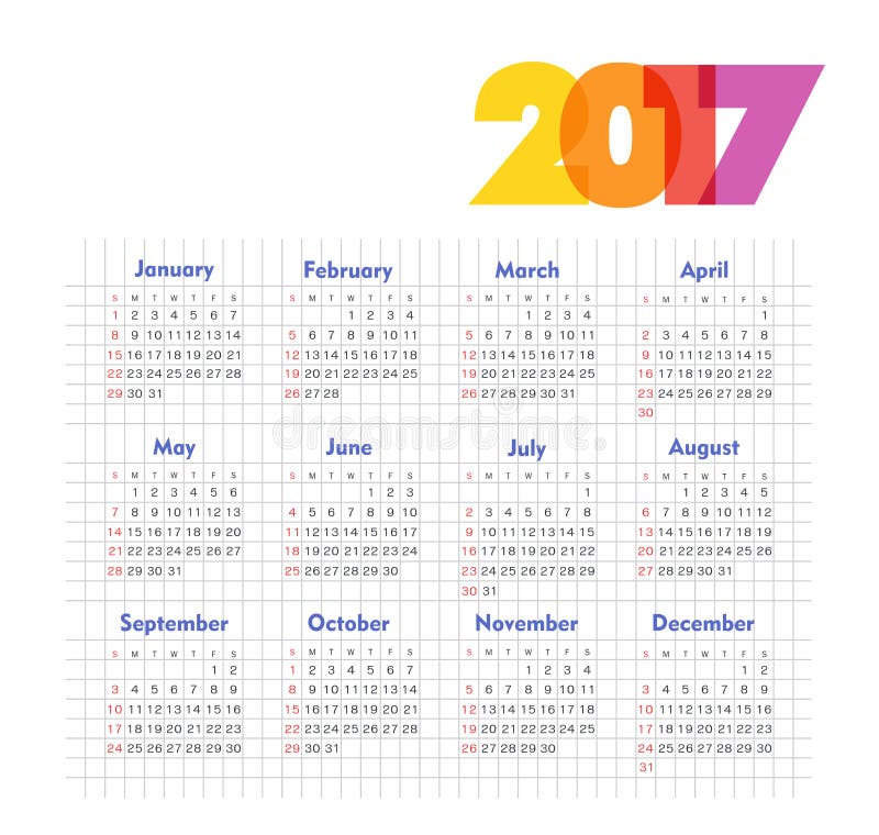 Vector Calendar 2017 Year. Week Starts Sunday Stock Illustration ...
