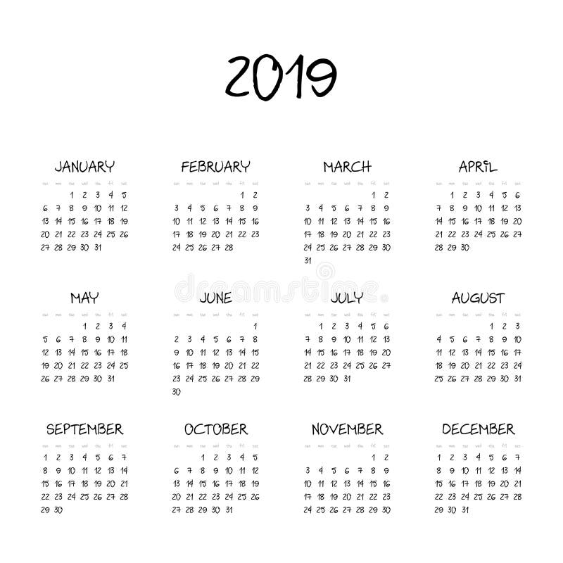 Vector Calendar - Year 2019. Week Starts from Sunday Stock Vector ...